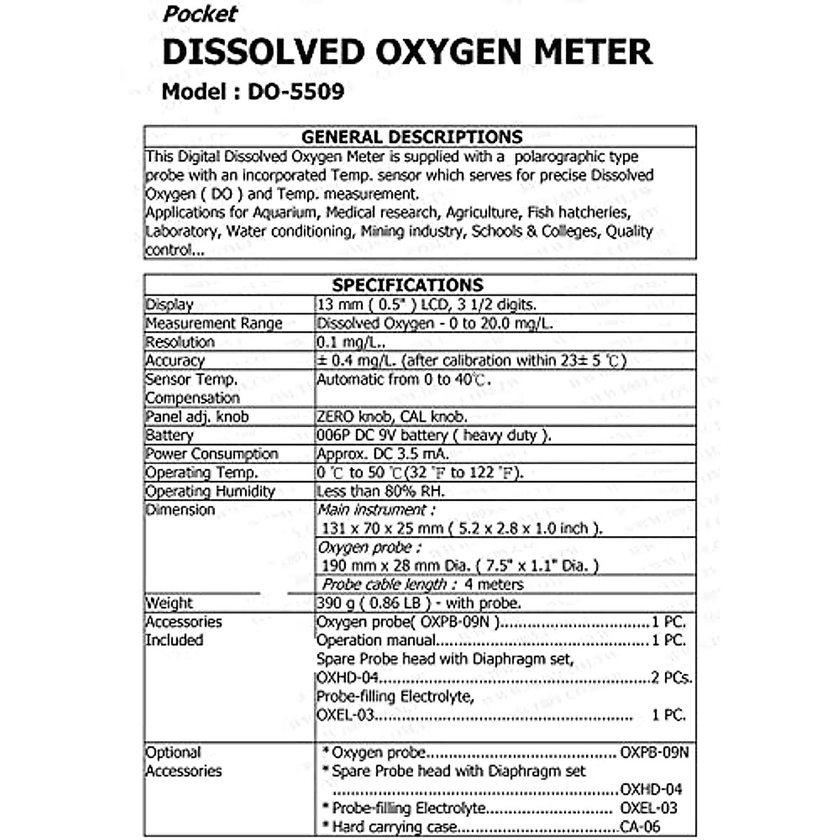 Dissolved Oxygen Meter (Range: 0 to 20.0 mg/L) for Aquaculture, Aquarium, Agriculture, Fish Hatcheries, Mining Industries Alongwith Factory Calibration Certificate Model: DO-5509