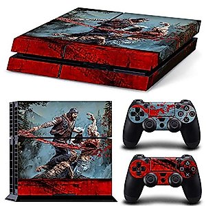 ZOOMHITSKINS PS4 Console and Controller Skins, Horror Terror Zombie Splashing Red Blood Blue Black Fear War, Durable, Bubble-Free Goo-Free, 1 Console Skin 2 Controller Skins, Made in USA