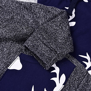 2PCs Baby Deer Print Hoodies with Pocket Top + Striped Long Pants Autumn Outfit Set (6-12M(Tag80), Grey&Dark Blue)