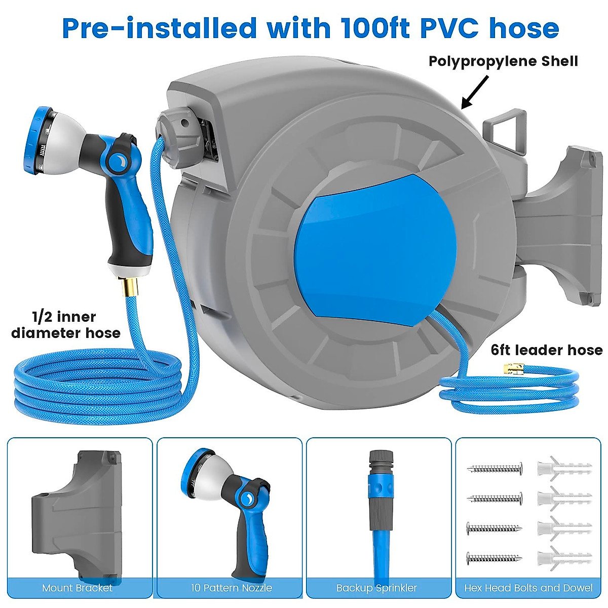 REDUCTUS Retractable Garden Hose Reel, 75ft 1/2'' Wall Mount Retractable Water Reel Automatic Rewind Lock Any Length, 180° Swivel Hose Reel Outside, 10 Pattern Hose Nozzle, A-grey