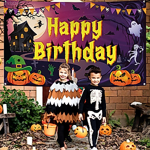 KatchOn, Happy Birthday Halloween Banner - XtraLarge, 72x44 Inch | Purple Halloween Birthday Banner for Halloween Birthday Party Decorations | Halloween Backdrop, Halloween Birthday Party Backdrop