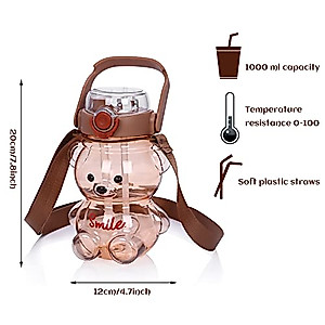Water Bottle Bear Smile Large Water Bottles With Straw and Strap for Kids School Sports Daily Life Milk Tea Juice Travel Drinking Bottled Water Cute Portable Leakproof (Brown)