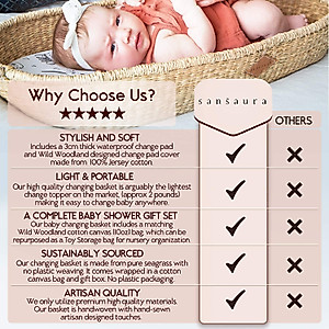 Sansaura Nursery Set - Seagrass Baby Changing Basket, Diaper Basket, with Thick Waterproof Pad & 100% Cotton Fitted Sheet, Toy Storage Bag, Woodland Designs, Shower Gift for Newborns, Boho nursery