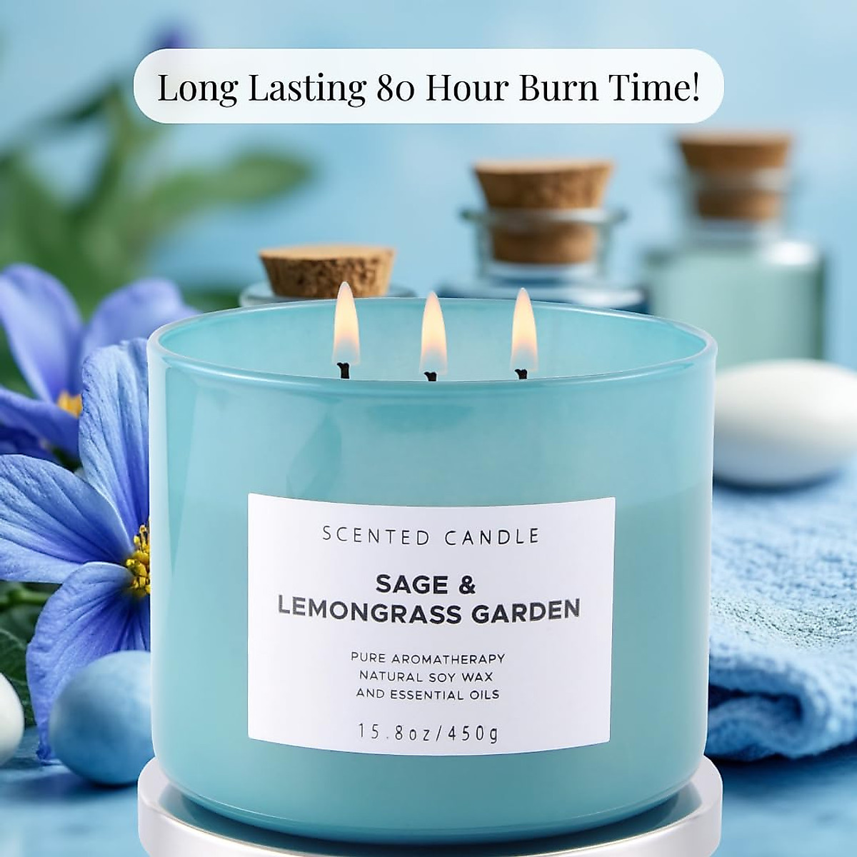Sage Lemongrass Garden Scented Candle | Refreshing Lemongrass Candle for House Cleansing | Natural 3 Wick Soy Candle 15.8 oz | Aromatherapy Relaxing Candle for Women & Men | Clean Burn Scented Candle