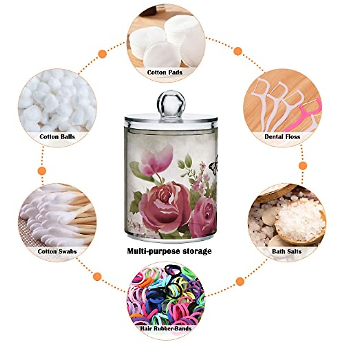 ALAZA 2pcs Vintage Rose Flower Butterfly Qtip Holder Dispenser 14 oz Bathroom Storage Clear Apothecary Jars Containers Cotton Ball,Cotton Rounds,Floss Picks, Hair Clips, Food