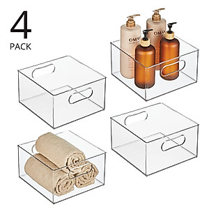 mDesign Deep Plastic Stackable Storage Organizer Container Bin, Bath & Shower Organization for Cabinet, Cupboard, Shelves, Counter, or Closet - Holds Shampoo, Vitamins, Ligne Collection, 4 Pack, Clear