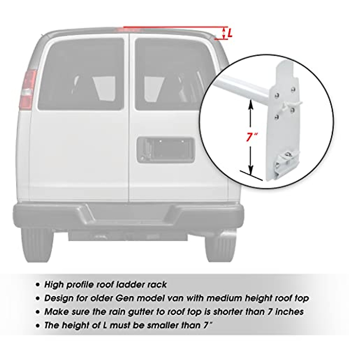 Roof Ladder Rack for Van 3 Bars White Heavy Duty Rain Gutter Mount - 750 Lbs Capacity - Compatible with Chevy Express, GMC Savana, Ford E150 250 350