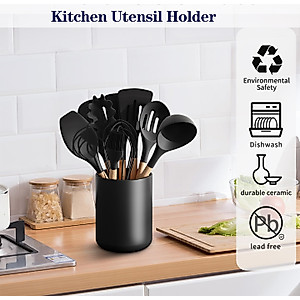 yuyuefourseas Matte Black Utensil Holder for Kitchen Counter, Ceramic Kitchen Utensil Crock for Countertop Easy to Clean, Modern Cooking Utensil Spatula HolderBy 4.4*6.3 Inch