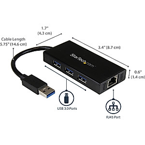 StarTech.com USB 3.0 Hub with Gigabit Ethernet Adapter - 5Gbps - 3 Port - NIC - USB Network / LAN Adapter - Windows & Mac Compatible , TAA (ST3300G3UA)