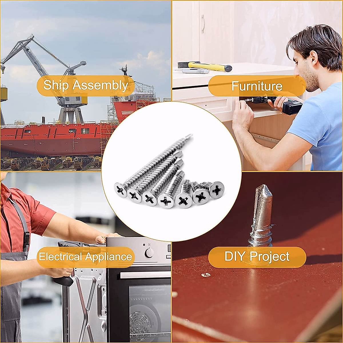 Guard4U 300Pcs 7-Size 410 Stainless Steel #8 SAE Flat Head Phillips Self Drilling Screws Sheet Metal Tek Screws Assortment Kit, Modified Truss Head Self Driller- #8 x 1/2" to #8 x 2"