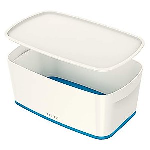 Leitz A5 MyBox Small with Lid, Storage Box for Home and Office, 5 L, High Gloss, Plastic, White/Blue Metallic;MyBox