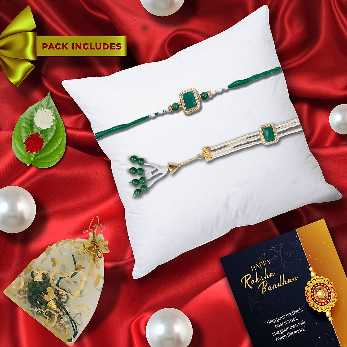 SMIZZY (RE)TOUCHING LIVES Cpmbo of Rakhi With Designer Kundan Stone Lumba Bracelet, Potli Bag, Roli Chawal And Greeting Card, Green