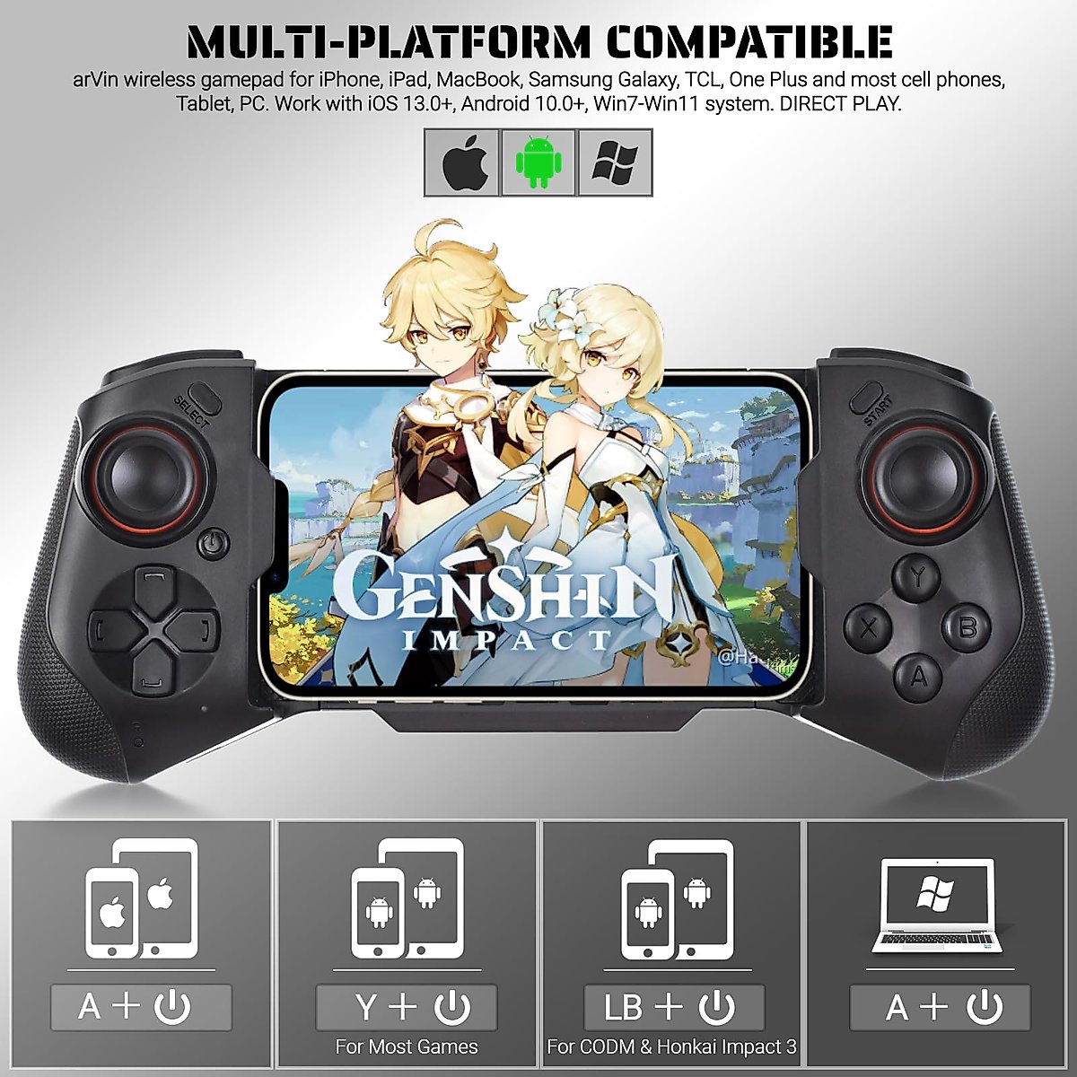 arVin Wireless Gaming Controller for iPhone iOS Android PC, Bluetooth Gamepad Joystick for iPhone 15/14/13/12/iPad/MacBook/Samsung Galaxy S22/S21/S20 Ultra/Tablet/Call of Duty Mobile/Genshin Impact