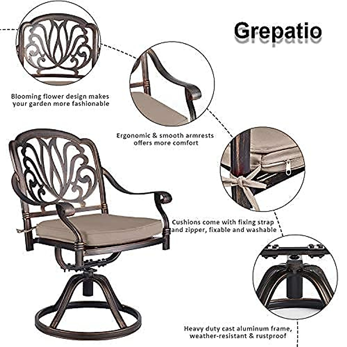 Grepatio 2 Piece Outdoor Patio Swivel Dining Chairs with Cushions, High Back Cast Aluminum Frame, Weather Resistant Metal Furniture for Lawn Garden Backyard (Swivel Rocker Chairs with Khaki Cushions)