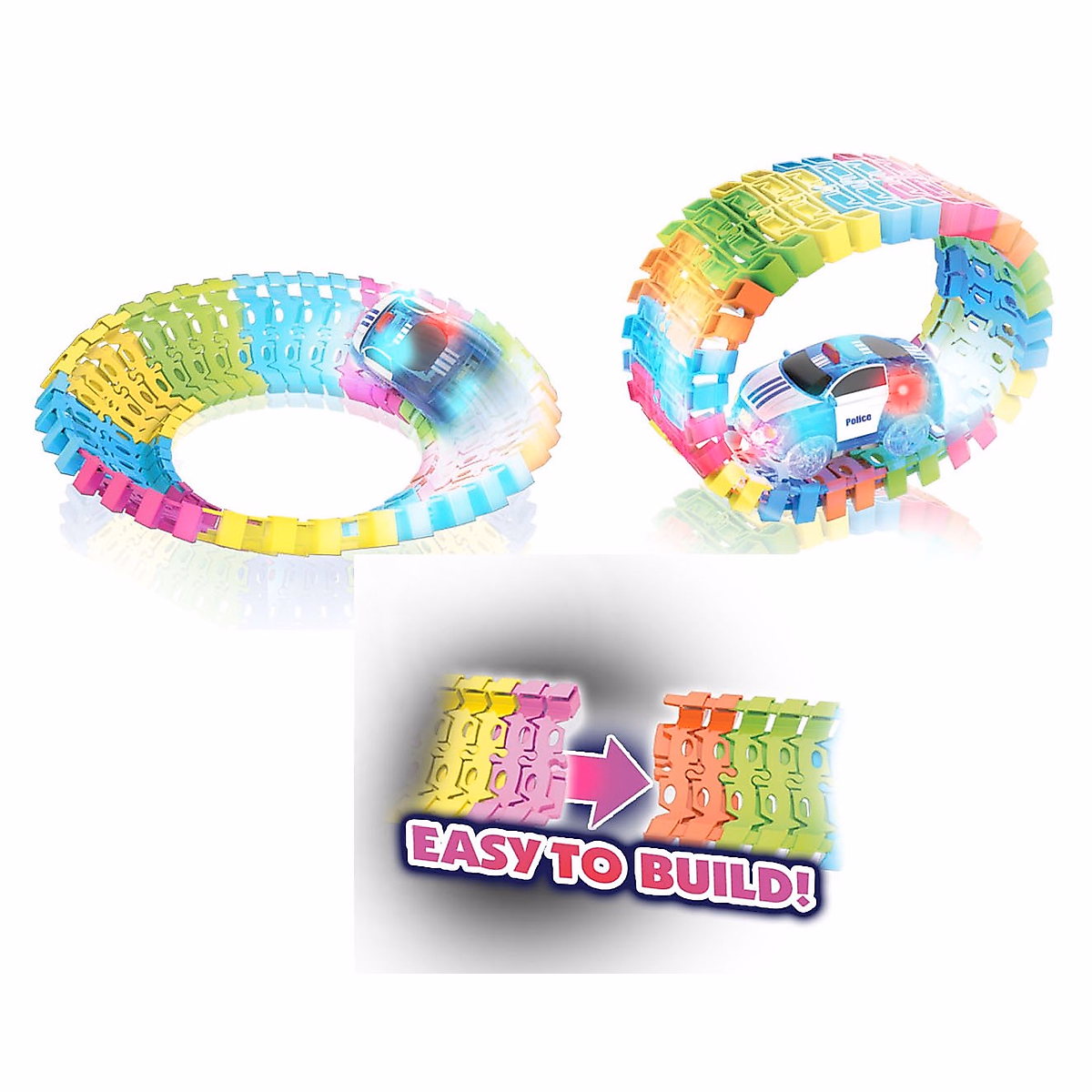 Mindscope Twister Tracks Neon Glow in The Dark 221 Piece (11 feet) of Flexible Assembly Track Emergency Series