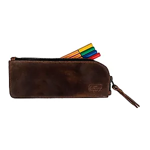 Leather Worx, Full Grain Leather Flat Pencil Pouch, Curved Pen and Marker Case for Men and Women, Zippered Bag for Work & Artists Accessories, Bourbon Brown