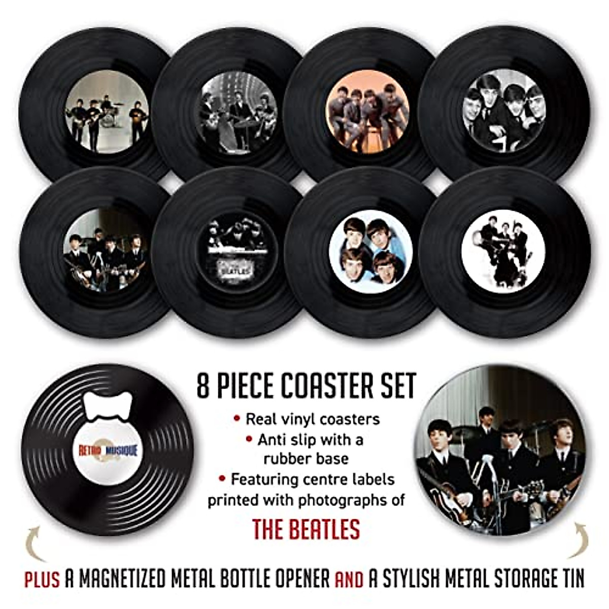 The Beatles - 8 Piece Mini Vinyl Record Coaster Set with Tin & Magnetic Bottle Opener by Retro Musique