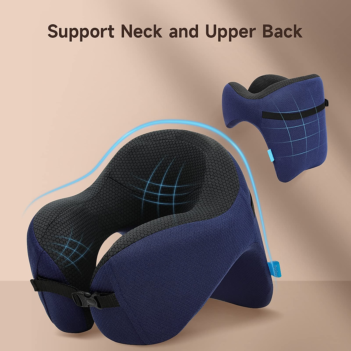 TripGood Neck Pillow for Travel - Extra Upper Back Support - Back Buckle Strap - Large(16.7" Neck Circumference) - Memory Foam - Blue