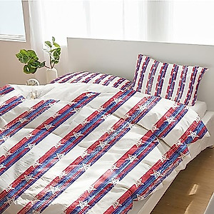 4th of July Queen Duvet Covers American Patriotic Stars Horizontal Stripe 3-Piece Bedding Sets Luxury Soft Microfiber Bed Comforter Protector with Pillow Cases for Women Men Girl Boy Red Blue White