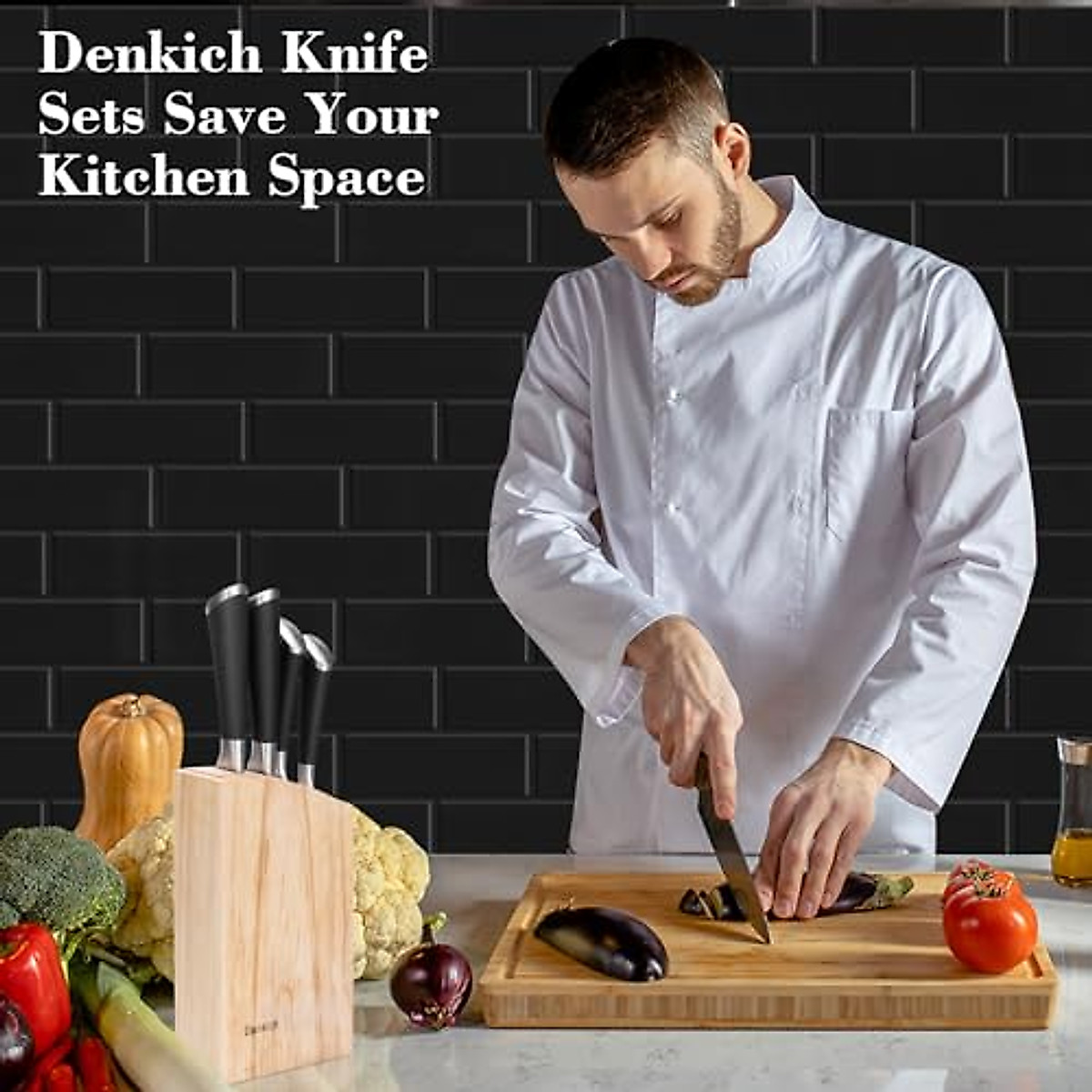 Denkich Small Knife Set, 6 Pieces Professional Chef Knife Set for Kitchen, German 5CR15 Steel Knife Set with Wood Block, Easy-Grip Handle, Rust-Proof, for Chopping, Slicing, Dicing
