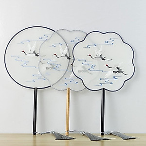 Handmade Folding Fan Folding Fan, Hand-held Fan,Fan Round Fan Fan Embroidery Crane Embroidery Hanfu Fan Silk Long Handle Summer Cool Handheld Fan