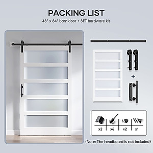 ROYMELO 48x84 Inch Glass Sliding Barn Door Slab and 8ft Hardware Kit Included, 5 Frosted Glass, LVL Wood Panel Covered with White Water-Proof Scratch-Proof PVC Surface, Simple DIY Assembly