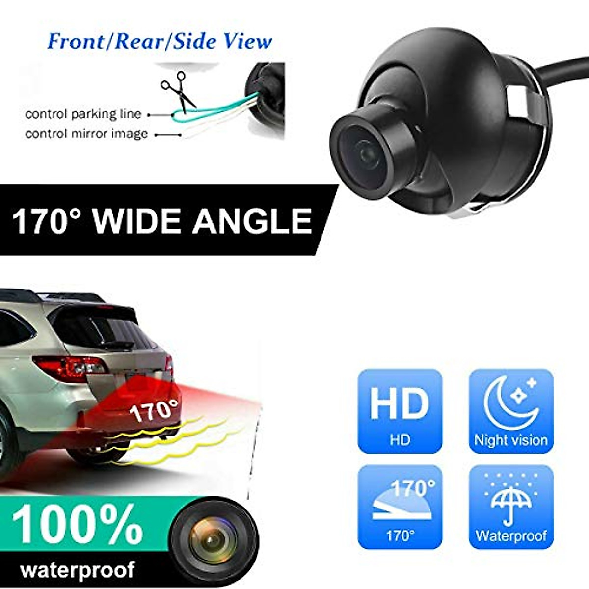 TIKSCIENCE Backup Camera Fit for Pickup Truck SUV Van RV DC 12-24V Cars Mini HD 360 Degree Rotatable Auto Multifunction Adjustable Camera, Black