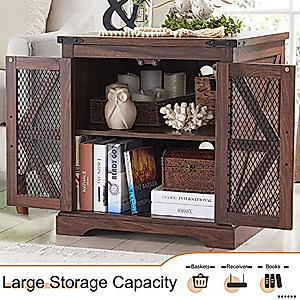 JXQTLINGMU Farmhouse End Table, 24" Large Sofa Side Table with Charging Station, Mesh Barn Door, and Adjustable Storage Shelf, Rustic Wood Square Nightstand for Living Room, Bedroom, Office, Brown