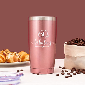 Crisky 60 & Fabulous Vacuum Insulated Tumbler for Women 60th Birthday Gifts for Wife, Mom, Sister, Aunt, Friends, Coworker Her, 20oz Rose Gold Tumbler with Box, Lid