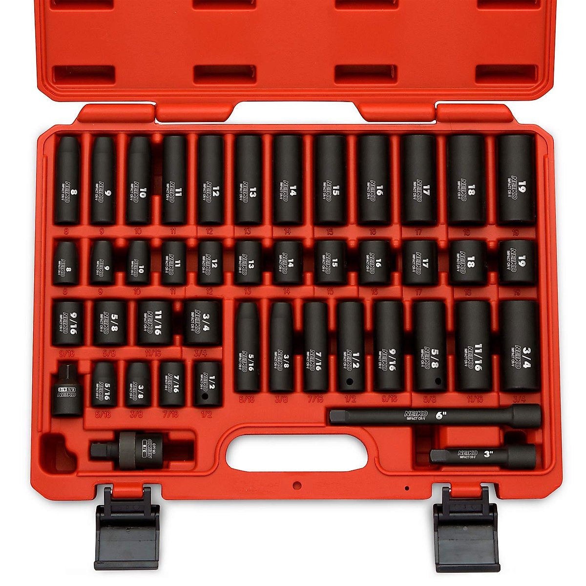 NEIKO 02440A 3/8-Inch-Drive Impact Socket Set, SAE Sizes 5/16" to 3/4" and Metric Sizes 8 mm to 19 mm, Includes Extension Bars and U-Joint, 44 Pieces