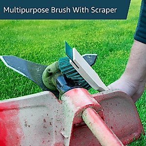 Scrubbing Brush Heavy Duty, Stiff Bristle Brush with Scraper - Wooden Scrub Brush, Bristle Brush for Cleaning, Lawn Mower Deck Scraper, Mower Cleaning Tool, Universal Outdoor Scrub Brush with Handle