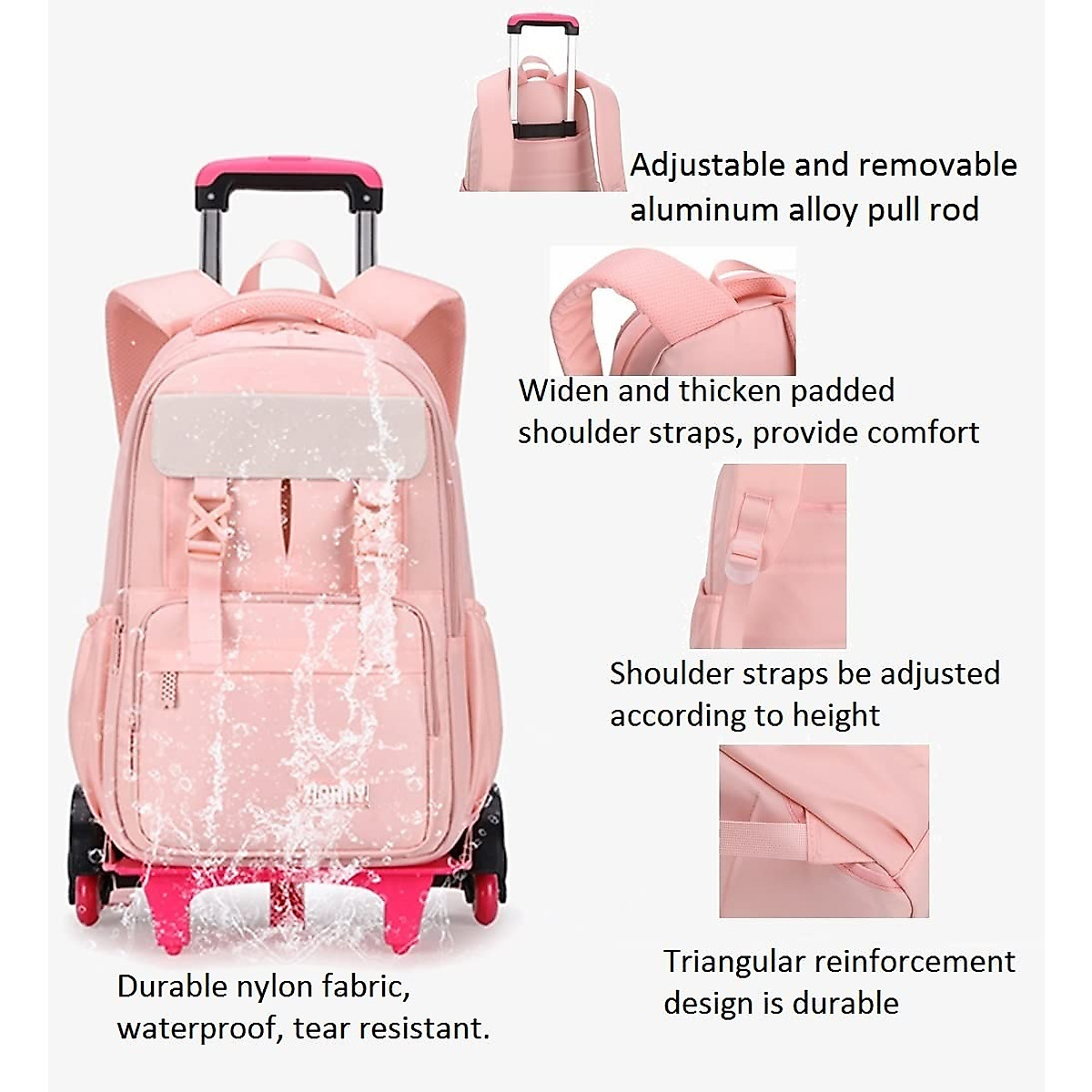 Rolling Backpack for Girls Boys with Wheels Solid Color Kids Trolley School Bag Wheeled Bookbag