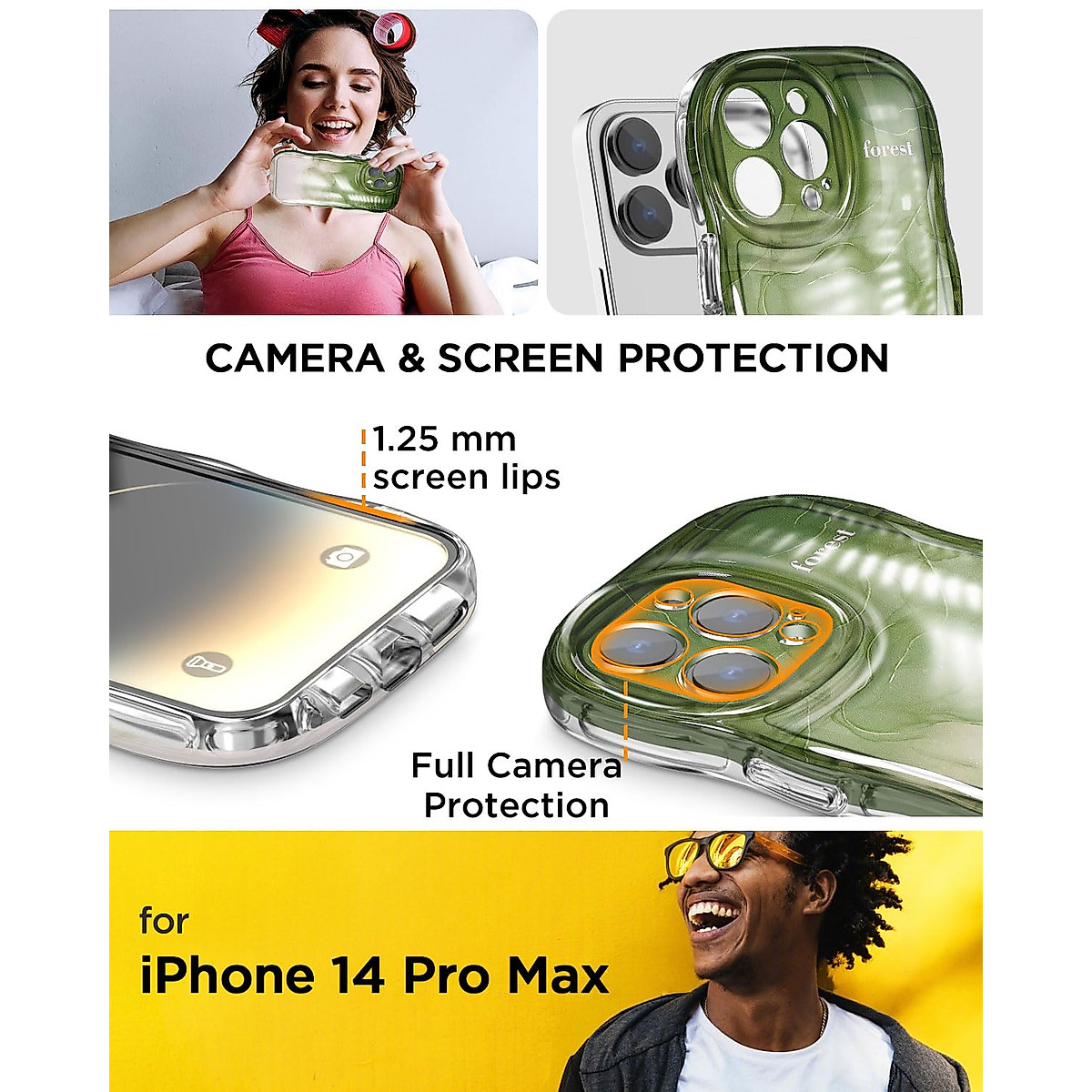 AICase iPhone 14 Pro Max Case Curly Wave Frame Cute Design with Full Camera Lens Protection,Aesthetic Kawaii Slim TPU Bumper Luxury Plated Shockproof Protective Transparent for Women Girls Men