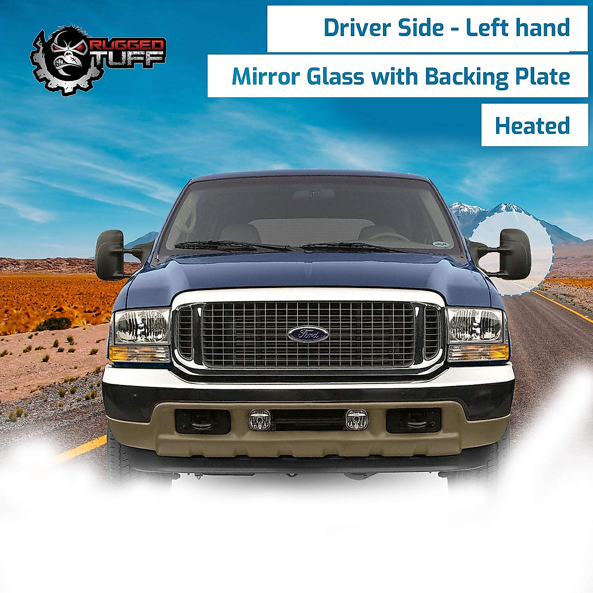 Driver Side Mirror Glass Assembly With Backing Plate Compatible with Ford E150 E250 E350 E450 Econoline Van, F250 F350 F450 Super Duty, Excursion (Upper Towing Mirrors)