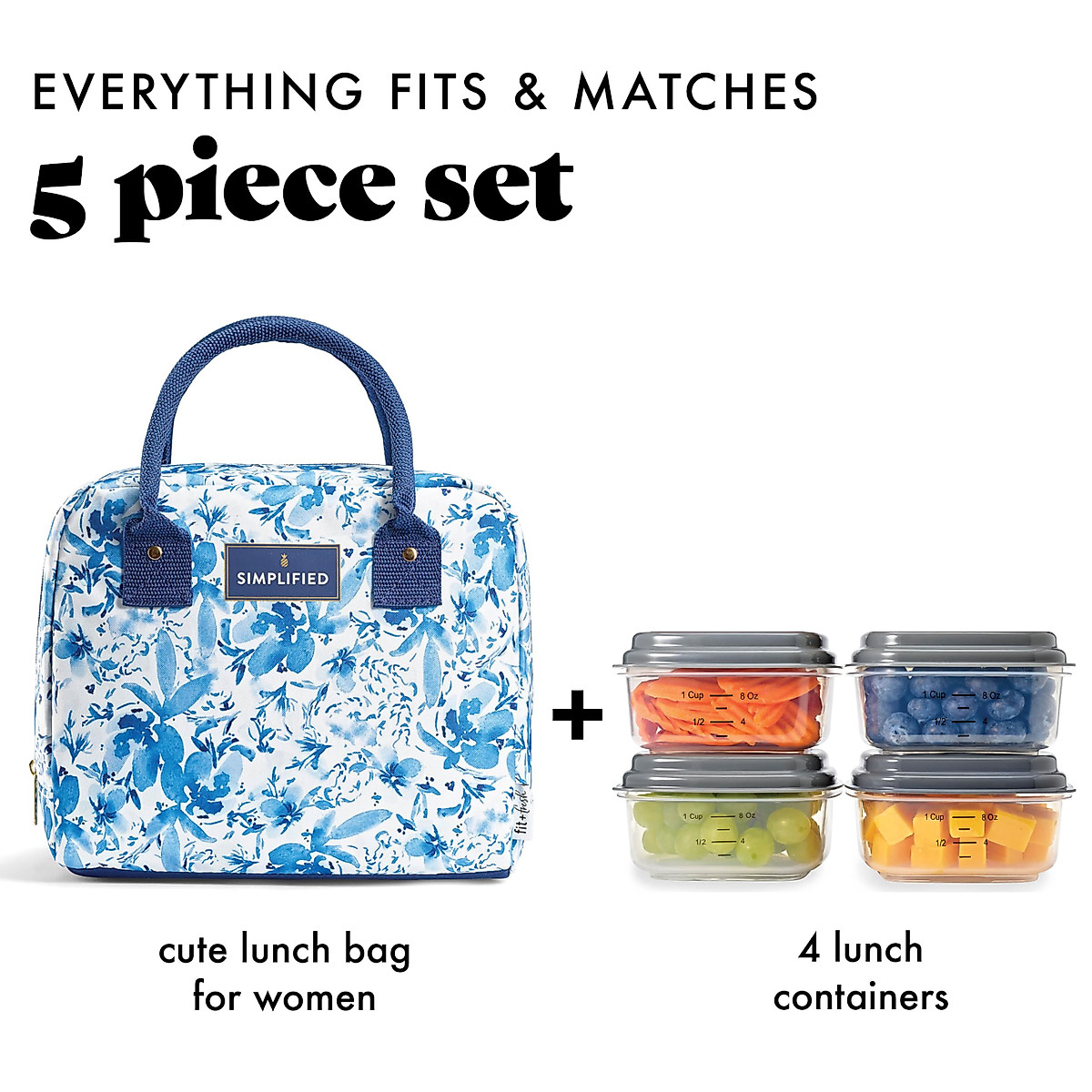 Fit & Fresh Lunch Bag For Women, Insulated Womens Lunch Bag For Work, Leakproof & Stain-Resistant Large Lunch Box For Women With Containers, Zipper Closure Bloomington Bag Blue Floral