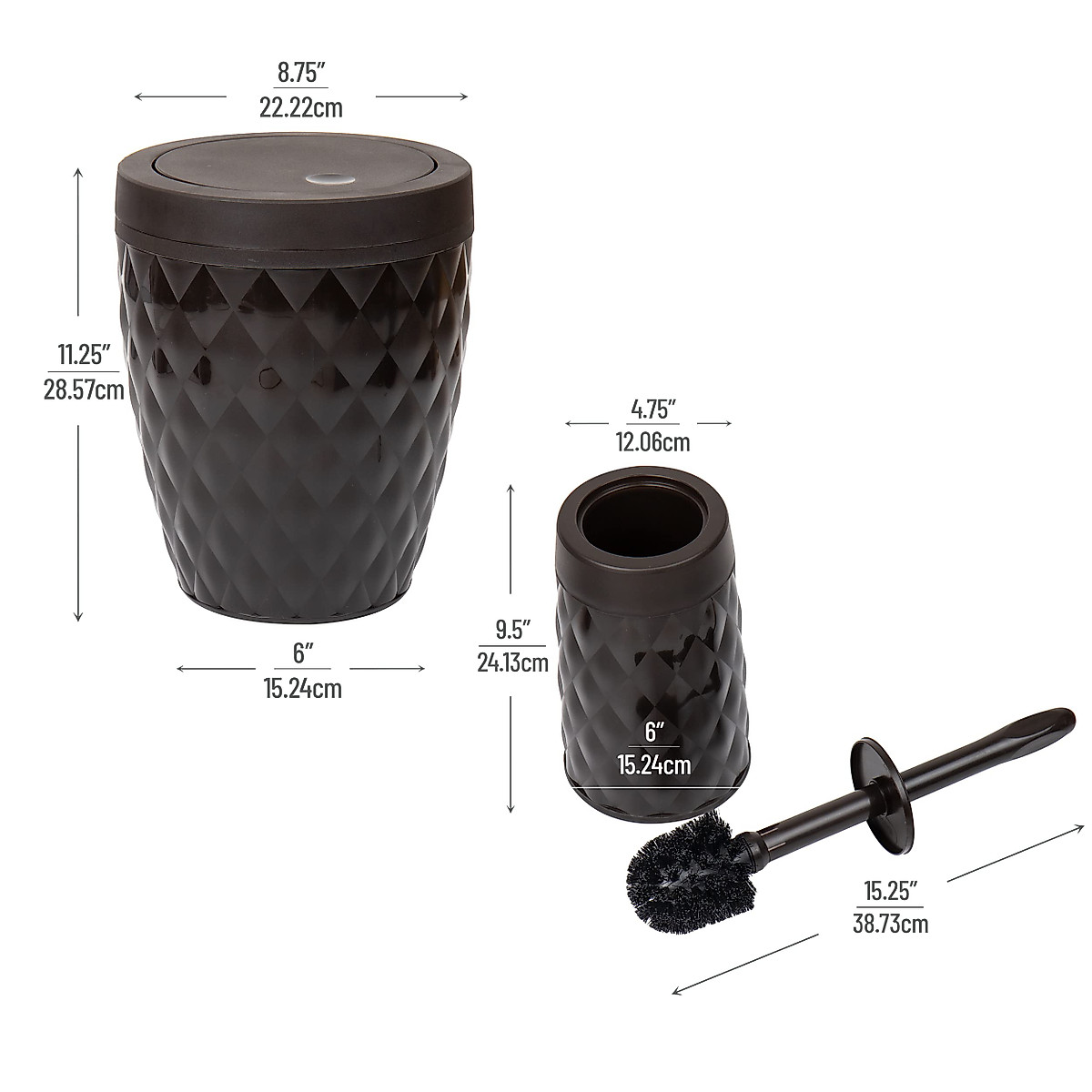 Mind Reader Basket Collection, Round Wastepaper Basket with Swivel Lid and Toilet Brush Set, Bathroom, 2 Piece Set, Bin is 8.75"W x 11.25"H and the brush is 15.25" H, 8.75"L x 8.75"W x 11.25"H, Brown