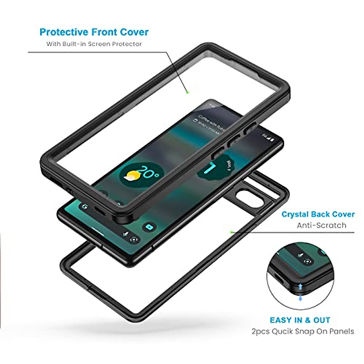 Lanhiem Pixel 6a Case, IP68 Waterproof Dustproof Shockproof Case with Built-in Screen Protector, Full Body Rugged Protective Cover for Google Pixel 6a 5G, Black/Clear