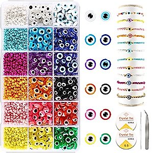 PHUNTTEK 2400pcs Seed Beads and Evil Eye Beads Halloween Beads for Jewelry Making, 3mm Glass Seed Beads 8mm Flat Evil Eye Colorful Bracelet Beads Kit for Bracelets Making DIY Gift Beading Supplies