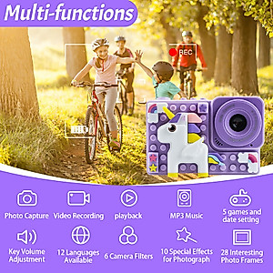 Kids Camera for Boys and Girls, Children Digital Video Toy Camera with Unicorn Silicone Building Blocks, Selfie Camera for Kids, Christmas Birthday Festival Gifts for Age above 6 with 32GB SD Card