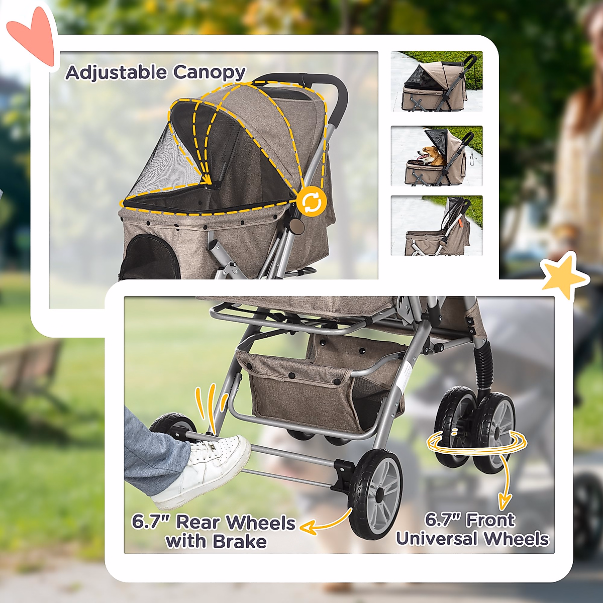 PawHut Dog Stroller for Small Dogs Cats, 4 Wheels One-Click Fold Pet Stroller with Swivel Wheels, Brake, Basket Storage, Safety Belts, Adjustable Canopy, Zippered Mesh Window Door, Brown