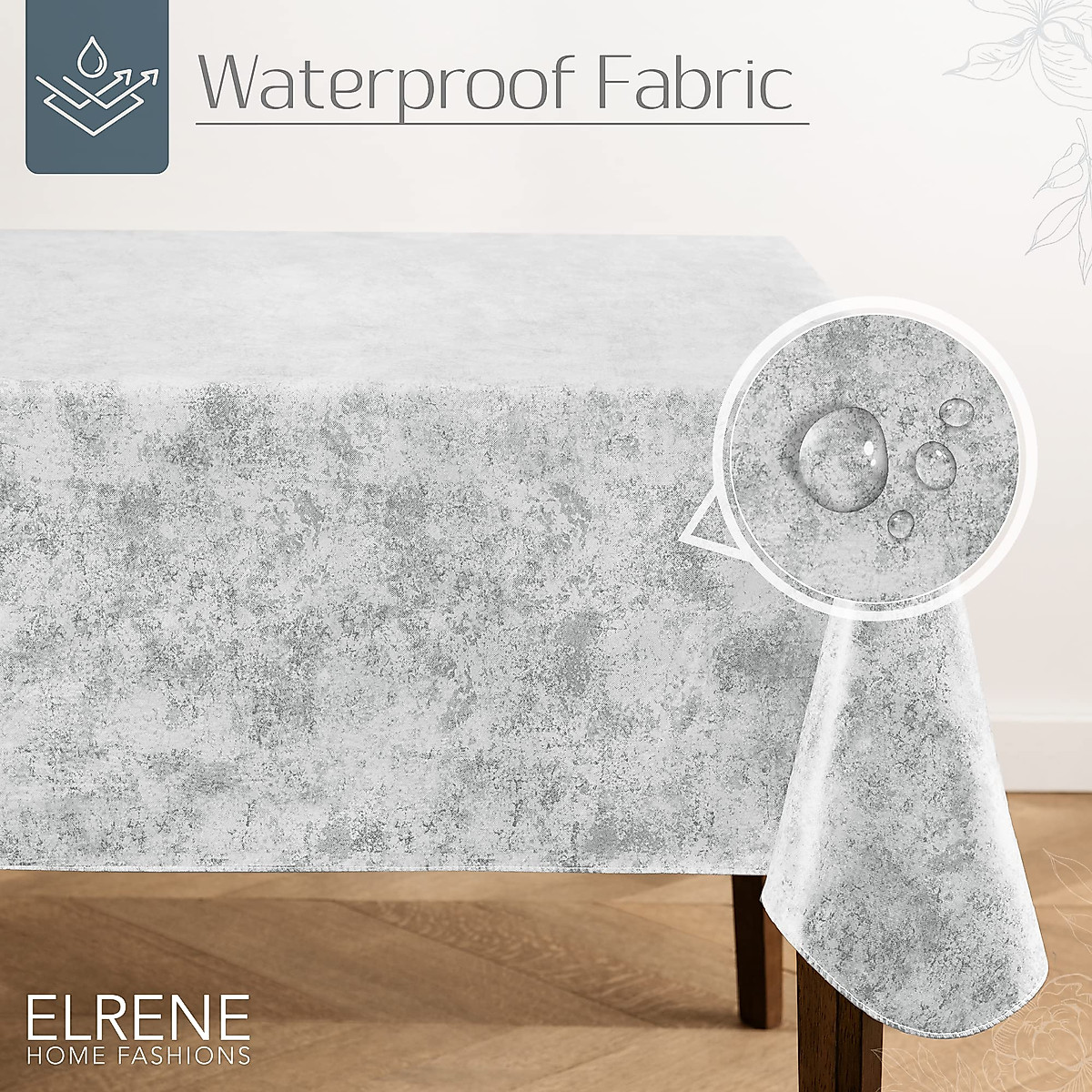 Elrene Home Fashions Mesa Marble Water- and Stain-Resistant Vinyl Tablecloth with Flannel Backing, 52 Inches X 52 Inches, Square, Gray/White