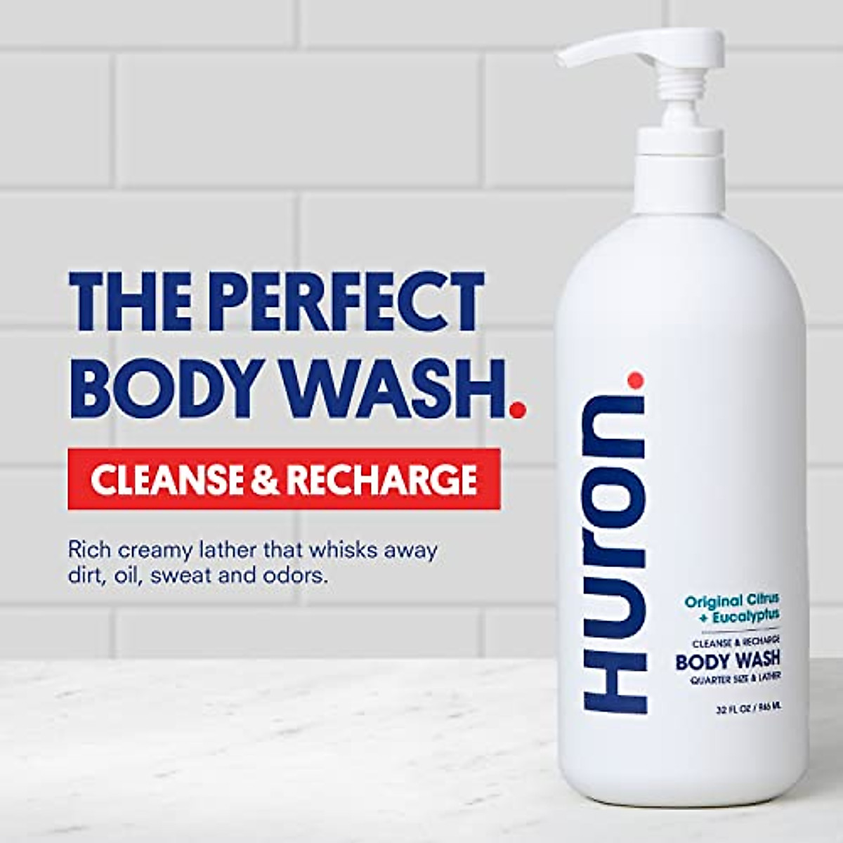 Huron Men's Moisturizing Body Wash - Crisp & Invigorating Scent of Citrus, Eucalyptus, Mint, & Aromatic Greens - Made With Coconut Oil, Vitamin E & Witch Hazel - 32 fl oz