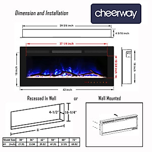 Cheerway 42 Inch Electric Fireplace, Recessed Fireplace Insert and Wall Mount Fireplace Heater with Remote & Touch Control, Adjustable Flame Color & Brightness, Log Set & Crystals, Child Lock & Timer