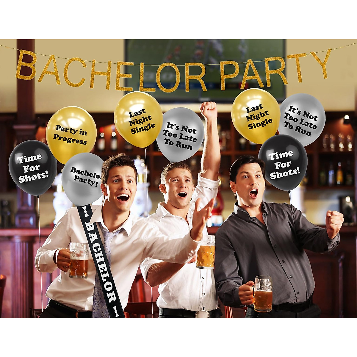 Brosash Bachelor Party Decorations, (Gold Bachelor Banner, Bachelor Sash, 16 Funny Party Balloons, and 8 Team Groom Button Pins) 26 Piece Set, Bachelorette Party Supplies Gifts…
