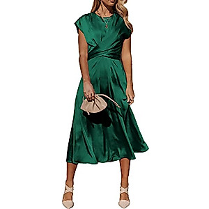 PRETTYGARDEN Women's 2023 Summer Satin Midi Dress Cap Sleeve Tie Waist Elegant A-Line Flowy Dresses (Dark Green,Large)