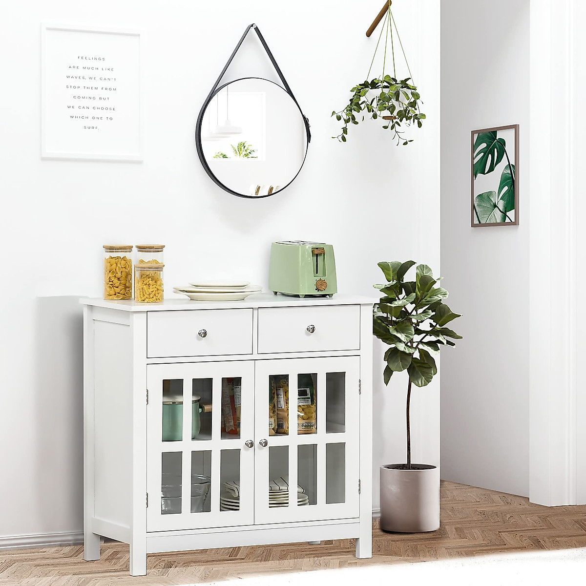 HOMCOM Sideboard Buffet Cabinet, Accent Kitchen Cabinet with Glass Doors, Adjustable Shelf and 2 Drawers for Kitchen, White