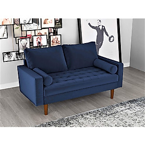 Container Furniture Direct Womble Velvet Upholstered Living Room Diamond Tufted Chesterfield Loveseat With Gleaming Nailhead, Space Blue