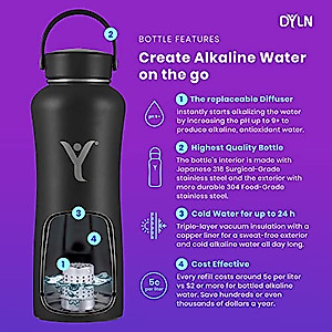 DYLN 40 oz Alkaline Water Bottle | Creates Premium Water up to 9+ pH | Keeps Cold for 24 Hours | Vacuum Insulated 316 Stainless Steel | Wide Mouth Cap | Black, 40 oz (1.2 L)