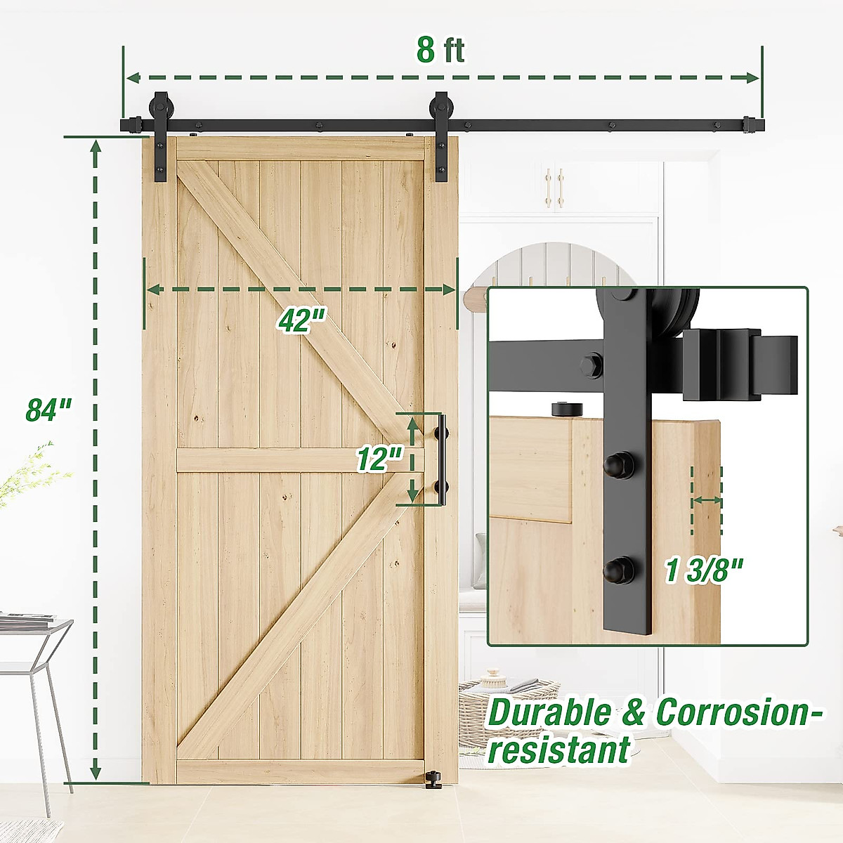 HomLxclx 42in x 84in Barn Door with 8ft Sliding Barn Door Hardware Kit & 12inch Handles & Floor Guide, DIY Unfinished Solid Wood Barn Door Slab, Natural Pine Wood, Pre-Drilled for Install, K-Frame