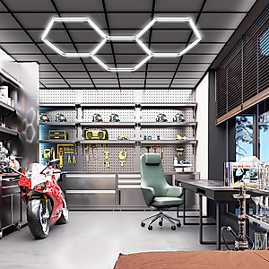 CDKMAX LED Hexagon Garage Light 3.0 Hex Grid Honeycomb LED Shop Light 135W 21400LM 6500K Hexagon Lighting System Car Detailing Shop LED Ceiling Lights for Home Gym Garage Workshop Basement Warehouse